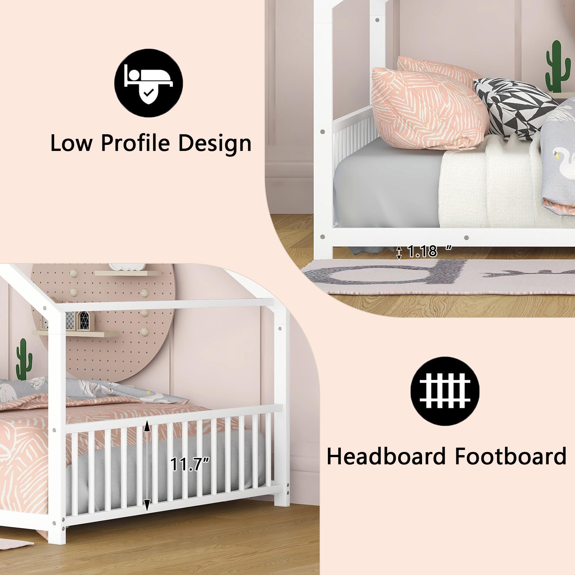 Kids Montessori Floor Bed Frame, Full Size House Bed Frame with Headband and Slats, Heavy Duty Metal Montessori Bed for Kids, Girls, Boys, White Floor Bed Full Size