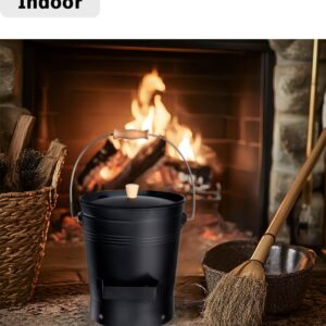 vensovo 2.5 Gallon Ash Bucket with Lid - Shovel, Broom, and Gloves, Heavy Duty Galvanized Iron, Fire-Resistant, Black Finish Perfect for Fireplaces, Fire Pits, Wood-Burning Stoves, and Grills