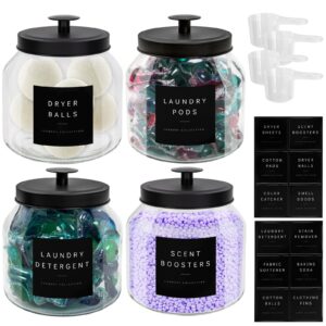 4 pack laundry room organization and storage containers 64 oz with labels, half gallon glass laundry organizer jar holder for laundry pods, scent booster, detergent, dryer balls includes 4 scoops