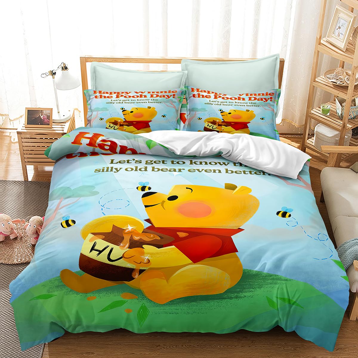 JewosS Winnie 3 Piece Bedding Set Printed Bear Duvet Cover Set Printed Bed Comforter Cover Quilt Covers with Pillowcases for Your Own Bedroom No Quilt(Full)