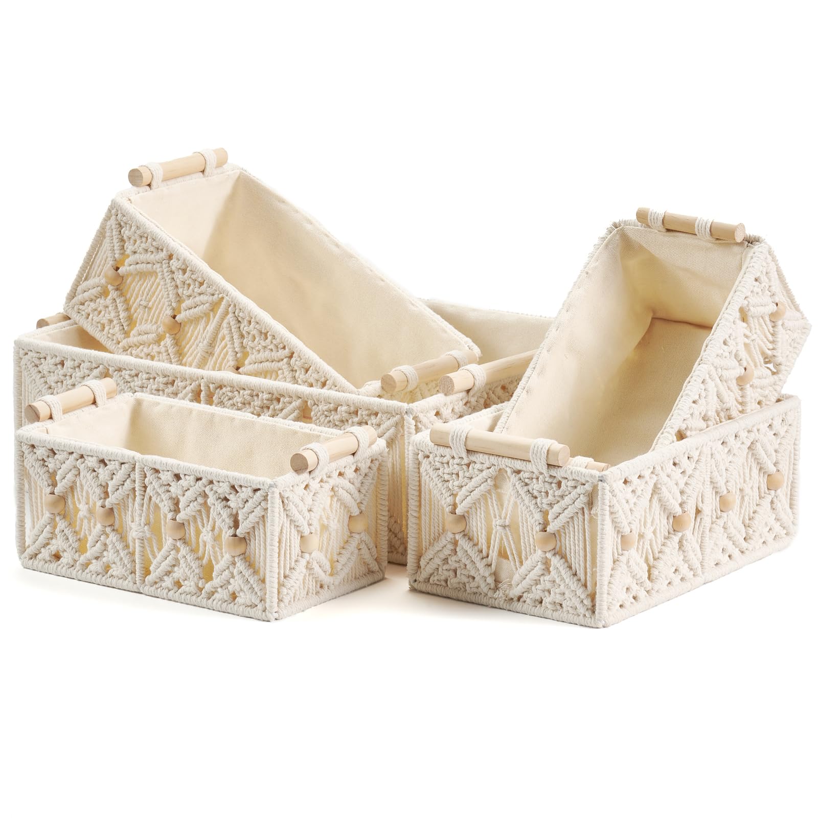 VinneGenzz 5PCS Decorative Boho Macrame Storage Baskets Handmade Bohemian Box Natural Cotton Rope Woven Bins with Wooden Handles Countertop Toilet Tank Shelf Organizer - Off White with Wood Beads