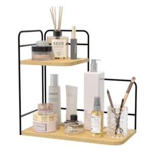 2-tier bathroom counter organizer, wood bathroom organizer countertop, corner bathroom shelf, corner skincare organizers, makeup organizer for vanity storage, bathroom counter storage（rectangle）