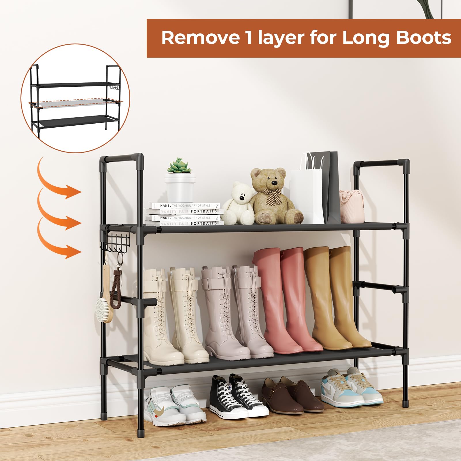 VTRIN Shoe Rack 3 Tier Long Shoe Organizer for 16-20 Pairs of Shoes Stackable Fabric Metal Shoe Storage Shelf with Hook for Closet, Entryway, Garage, Black