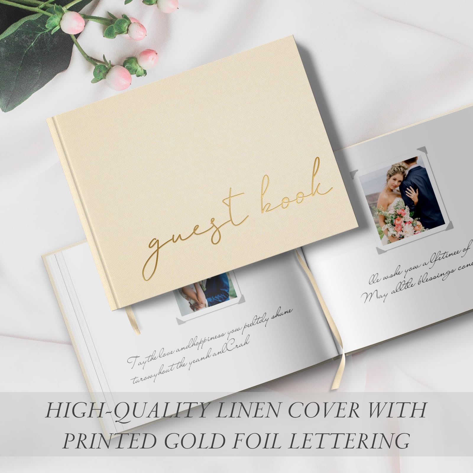 Wedding Guest Book with Table Sign and 216 Photo Corners Stickers, Hardcover Linen Polaroid GuestBook for Wedding，Baby Shower, Special Events - 100 Blank Pages for Sign in and Photos- Beige 7.2x9.2”