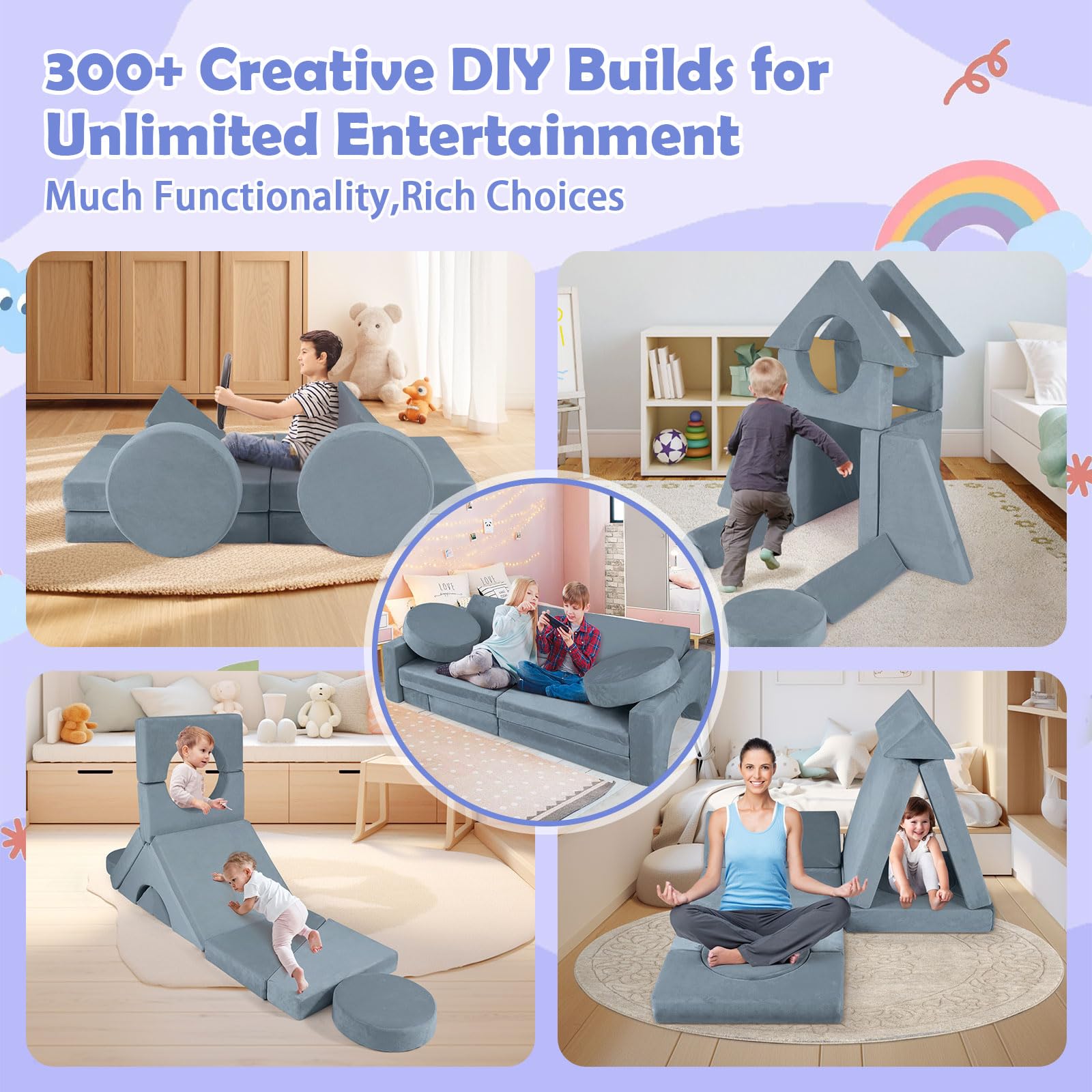 2024 New Modular Kids Play Couch, 12pcs Toddler Sofa Couch Building Fort, Versatile 300+DIY Creativing Playroom Bedroom Furniture for Toddlers. Convertible Kids Sofa and Cushion for Boys and Girls