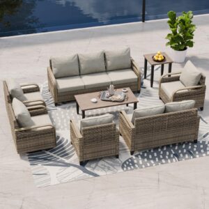 eagle peak modern wicker outdoor patio furniture set, patio conversation set, 2 patio chairs, 2 swivel rocker chairs, 3-seat sofa, loveseat, coffee table and side table, 8 pieces, brown/gray