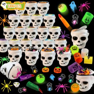 384pcs halloween party favor bulk for kids, 48pack prefilled ghost cauldrons with 6 halloween toys inside, halloween goodie bag fillers, halloween prizes gifts miniatures for kids,trick or treat