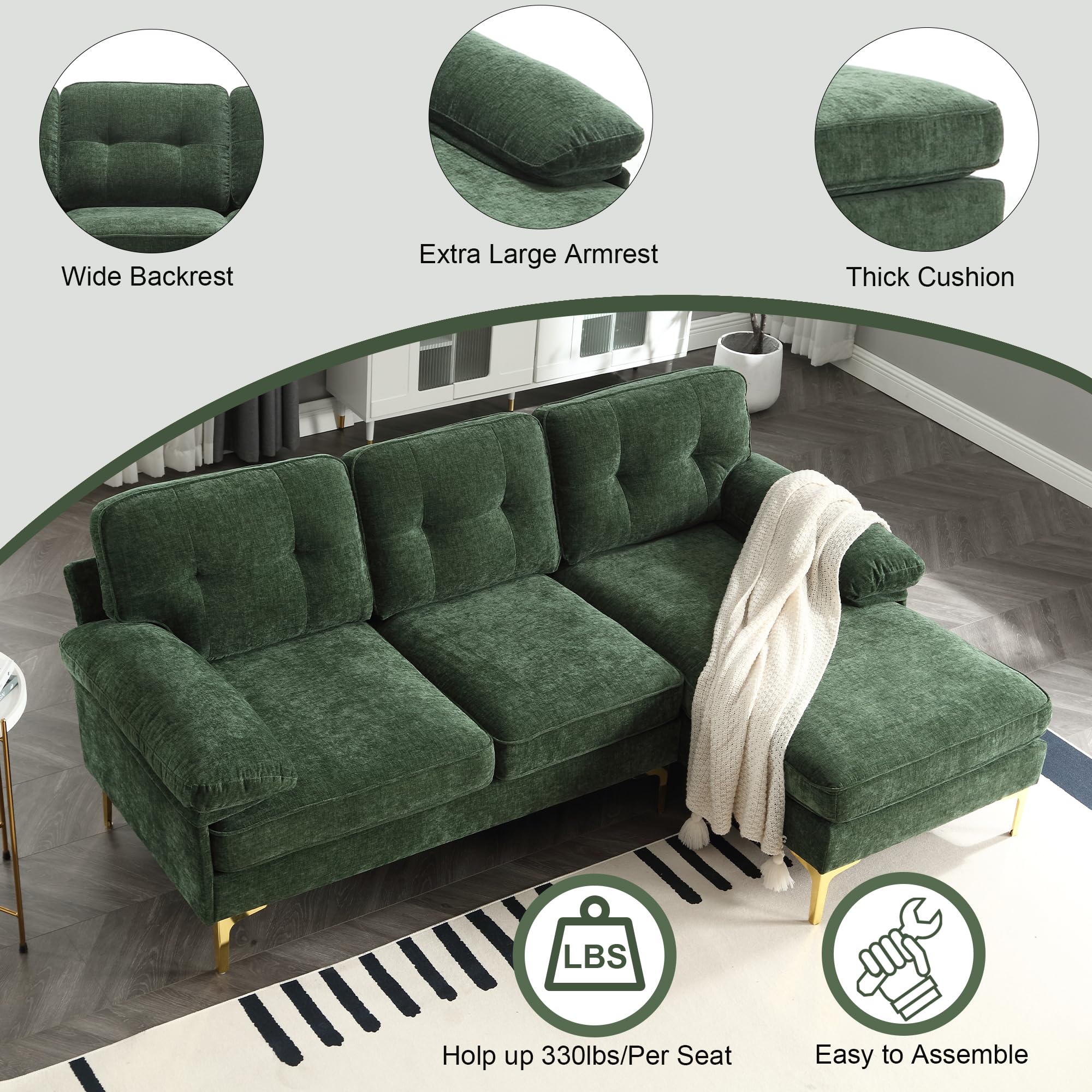 CALABASH 83" L Shaped Sectional Sofa, Chenille 3-Seater Sofa with Reversible Chaise, Modern Soft Cushion Fluffy Armrest Couch for Apartment Small Space Living Room (Green)