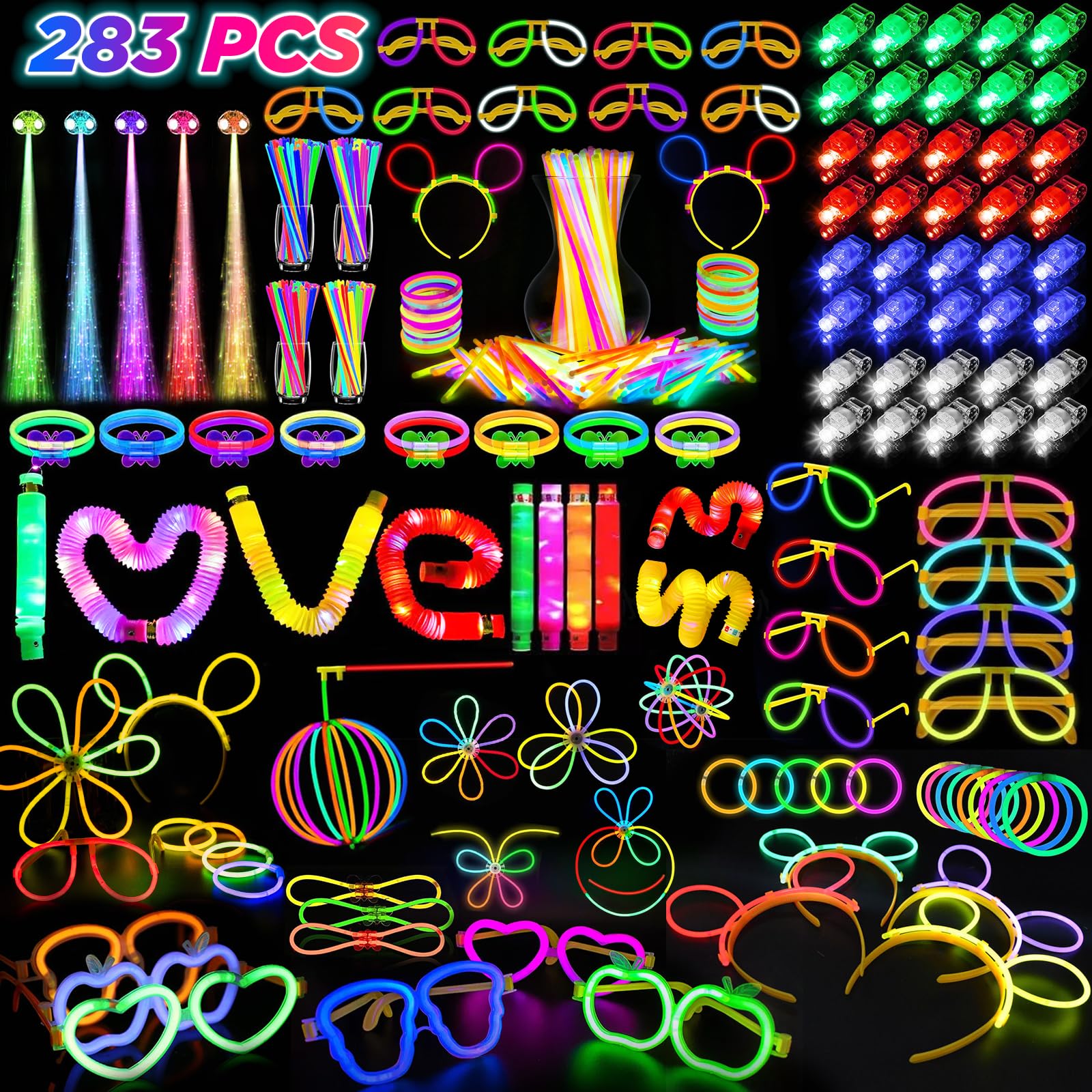 SHQDD New Year Party Favors for Adults Kids, Glow Party Favors, Neon Light Up Party Favors 27 Rave Accessories, 56 LED Light Up Toys, 100 Glow Sticks Bulk Party Pack,Glow in the Dark Party Supplies