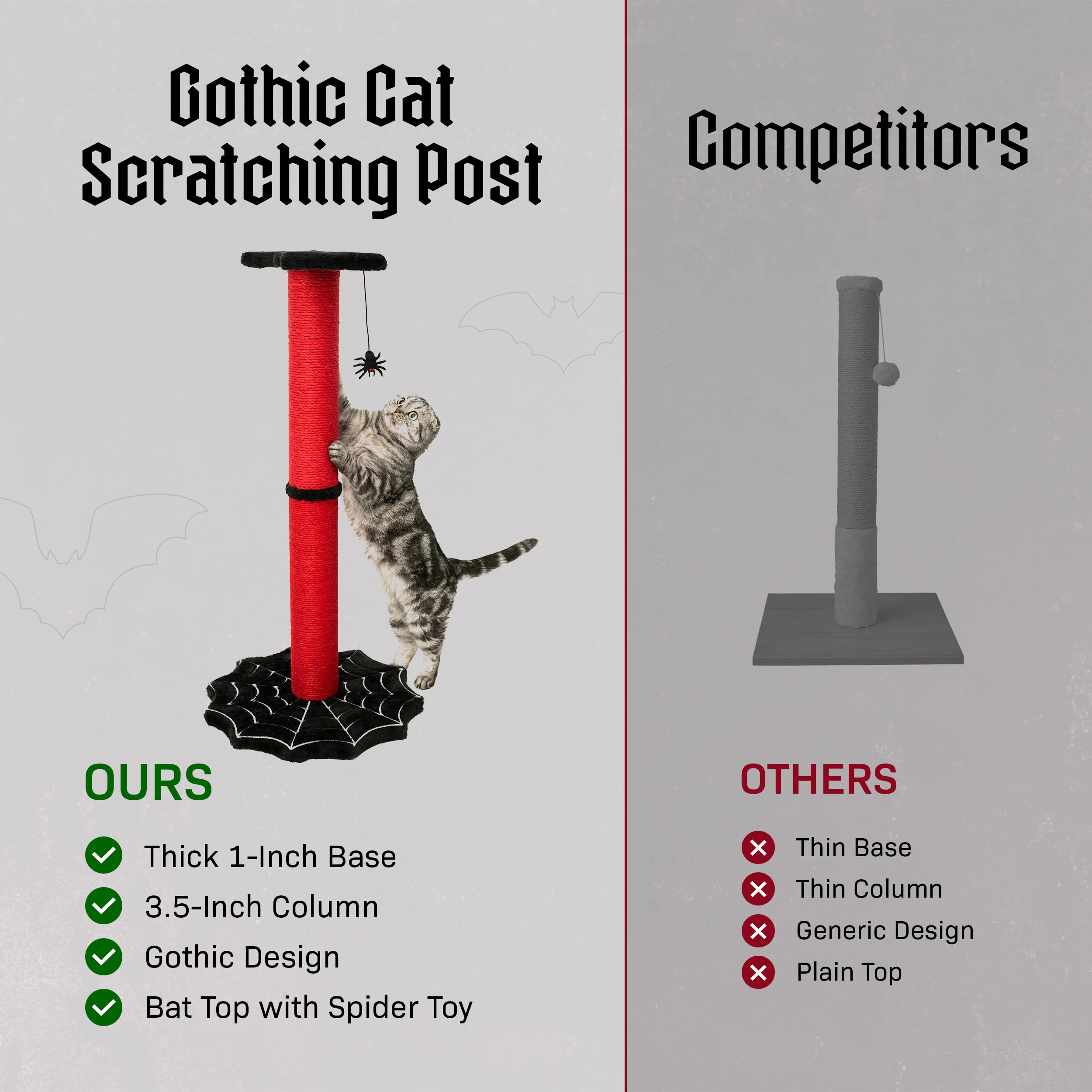 Gothic Cat Scratching Post 34 inch with Sturdy Spider Web Floor Foundation and Bat Shaped Top with Spider Toy, Halloween Cat Scratcher, Cat Tower with Scratching Post, Black and Red Color Littlesy