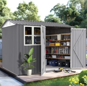 large metal outdoor storage shed, 6 x 8 ft, with window, galvanized steel, gray, for backyard garden tools