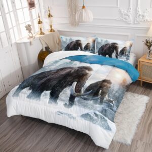 AILONEN 3D Mammoth Comforter Set Queen Size, Wild Animal Theme Bedding Set for Livingroom Decor,Glacial Mammoth Migration Duvet Set for All Ages,1 Quilt and 2 Pillowcases,3-Piece