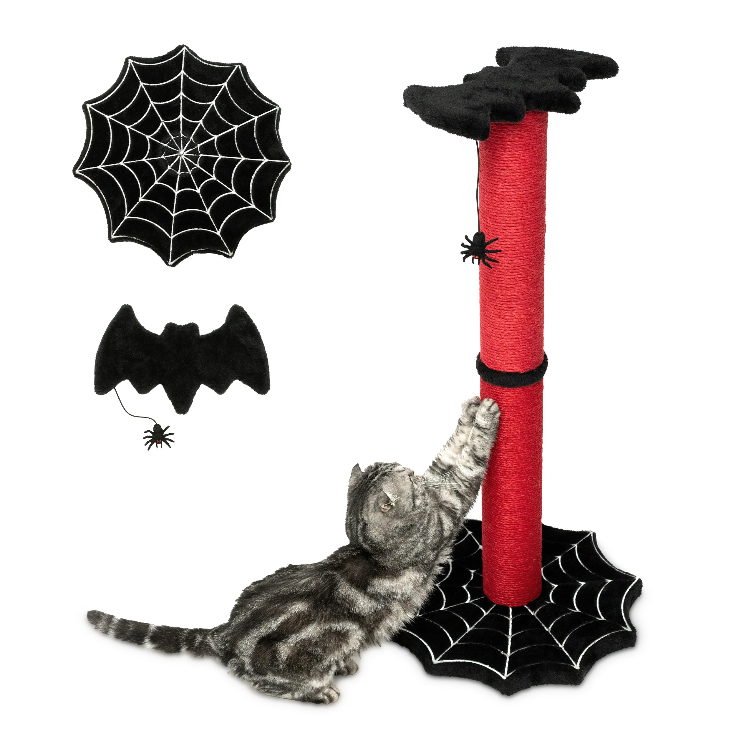 Gothic Cat Scratching Post 34 inch with Sturdy Spider Web Floor Foundation and Bat Shaped Top with Spider Toy, Halloween Cat Scratcher, Cat Tower with Scratching Post, Black and Red Color Littlesy