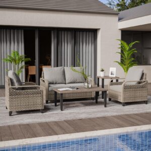 eagle peak modern wicker outdoor patio furniture set, patio conversation set, 2 patio chairs, 2-seat loveseat, coffee table and side table, 5 pieces, brown/gray