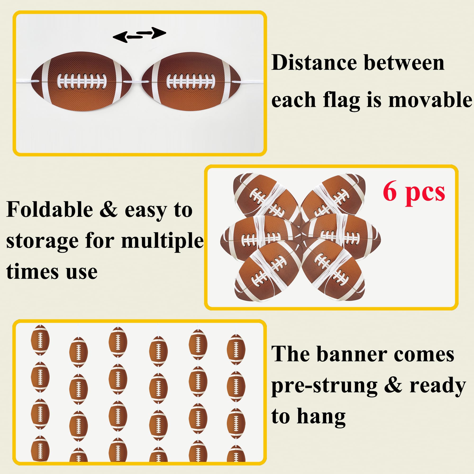 FAKTEEN 6 Pcs Football Garland Banner Football Party Decorations Football Cutouts Hanging Swirls for Birthday Party Supplies Assembled Sports Themed Home Classroom Party Decor Favors