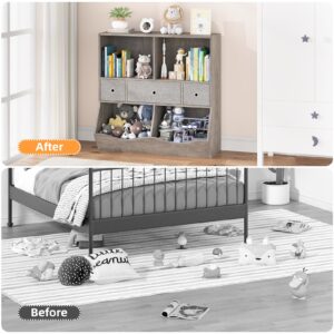 IDEALHOUSE Kids Toy Storage Organizer with 3 Movable Drawers, 3 Tier Children Bookcase and Bookshelf, 7 Cubby Toy Storage Cabinet, Toy Shelf for Playroom, Bedroom, Living Room, Nursery,Grey