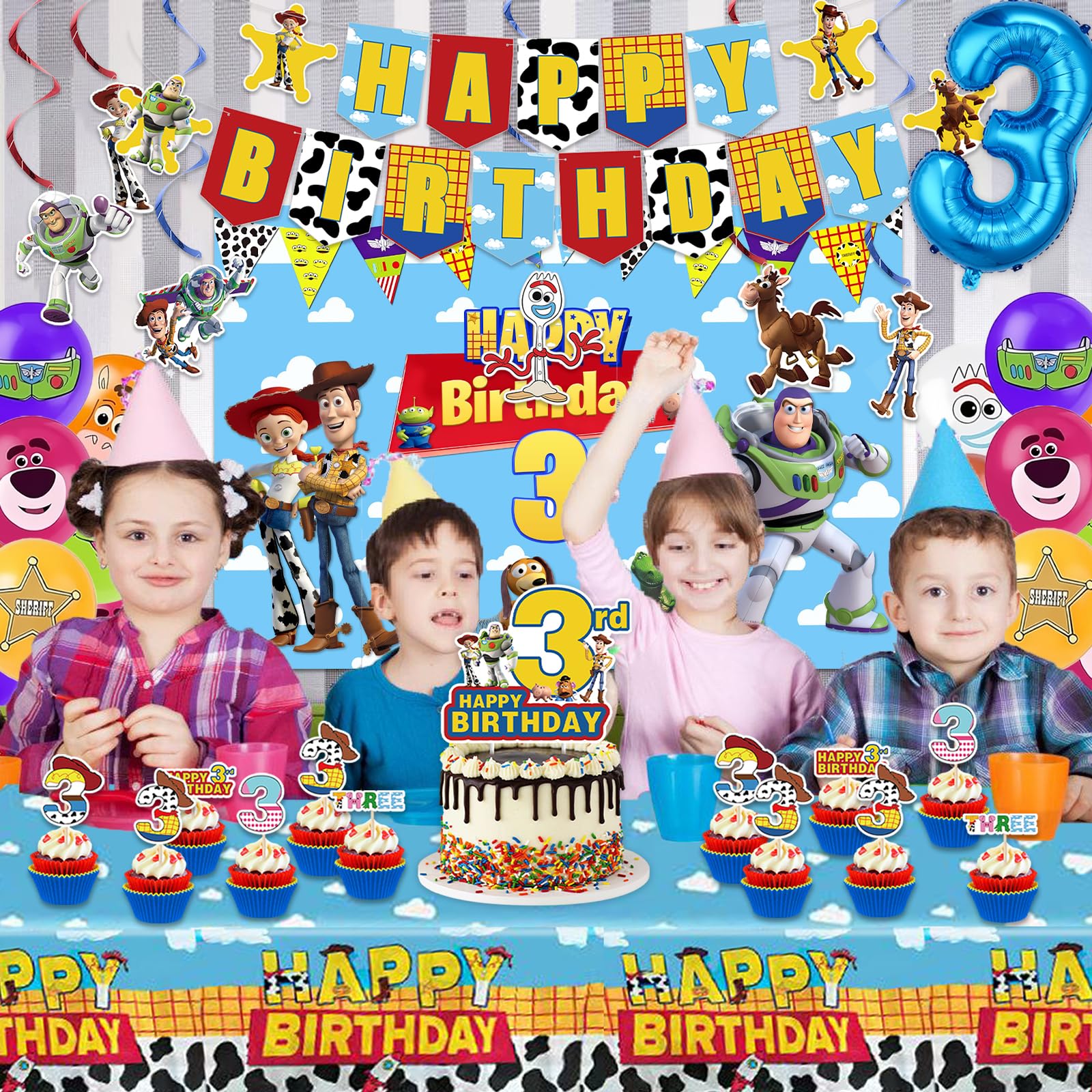 Toy Inspired Story Birthday Decorations For 3 Year Old,Include Happy Birthday Banner,Balloons,Backdrop,Tablecloth Cake Topper For 3rd Birthday Decorations for Boys.