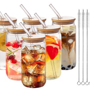 Mzowgzk 6pcs Set-16oz, Glass Cups with Bamboo Lids and Glass Straw - Beer Can Shaped,CuteTumbler Cup,Soda,deal for Cocktail,Iced Coffee Cups,6 Cleaning Brushes glass cups with lids and straws