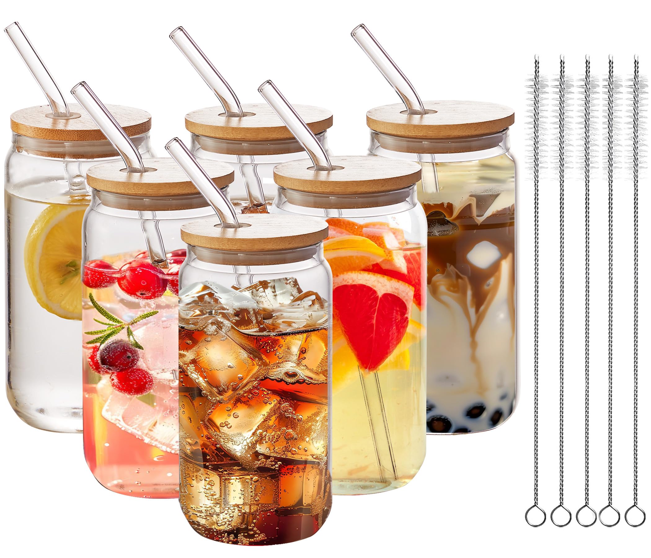 Mzowgzk 6pcs Set-16oz, Glass Cups with Bamboo Lids and Glass Straw - Beer Can Shaped,CuteTumbler Cup,Soda,deal for Cocktail,Iced Coffee Cups,6 Cleaning Brushes glass cups with lids and straws