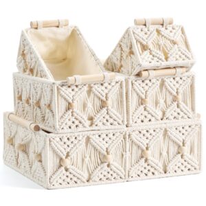 vinnegenzz 5pcs decorative boho macrame storage baskets handmade bohemian box natural cotton rope woven bins with wooden handles countertop toilet tank shelf organizer - off white with wood beads