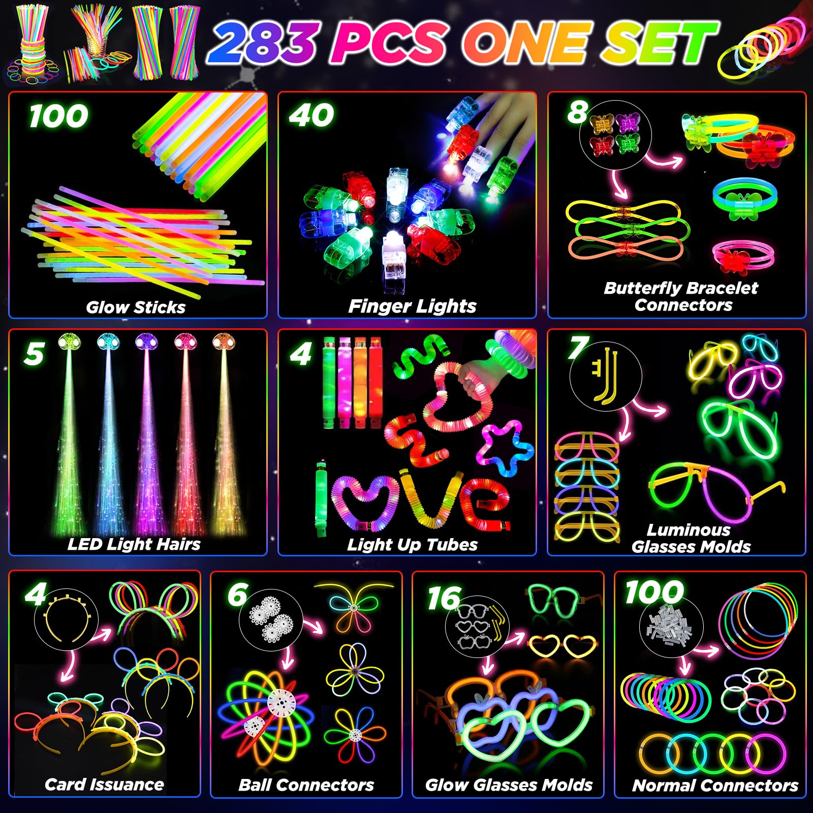 SHQDD New Year Party Favors for Adults Kids, Glow Party Favors, Neon Light Up Party Favors 27 Rave Accessories, 56 LED Light Up Toys, 100 Glow Sticks Bulk Party Pack,Glow in the Dark Party Supplies