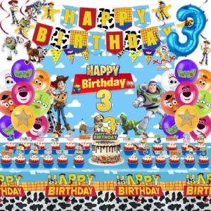 toy inspired story birthday decorations for 3 year old,include happy birthday banner,balloons,backdrop,tablecloth cake topper for 3rd birthday decorations for boys.