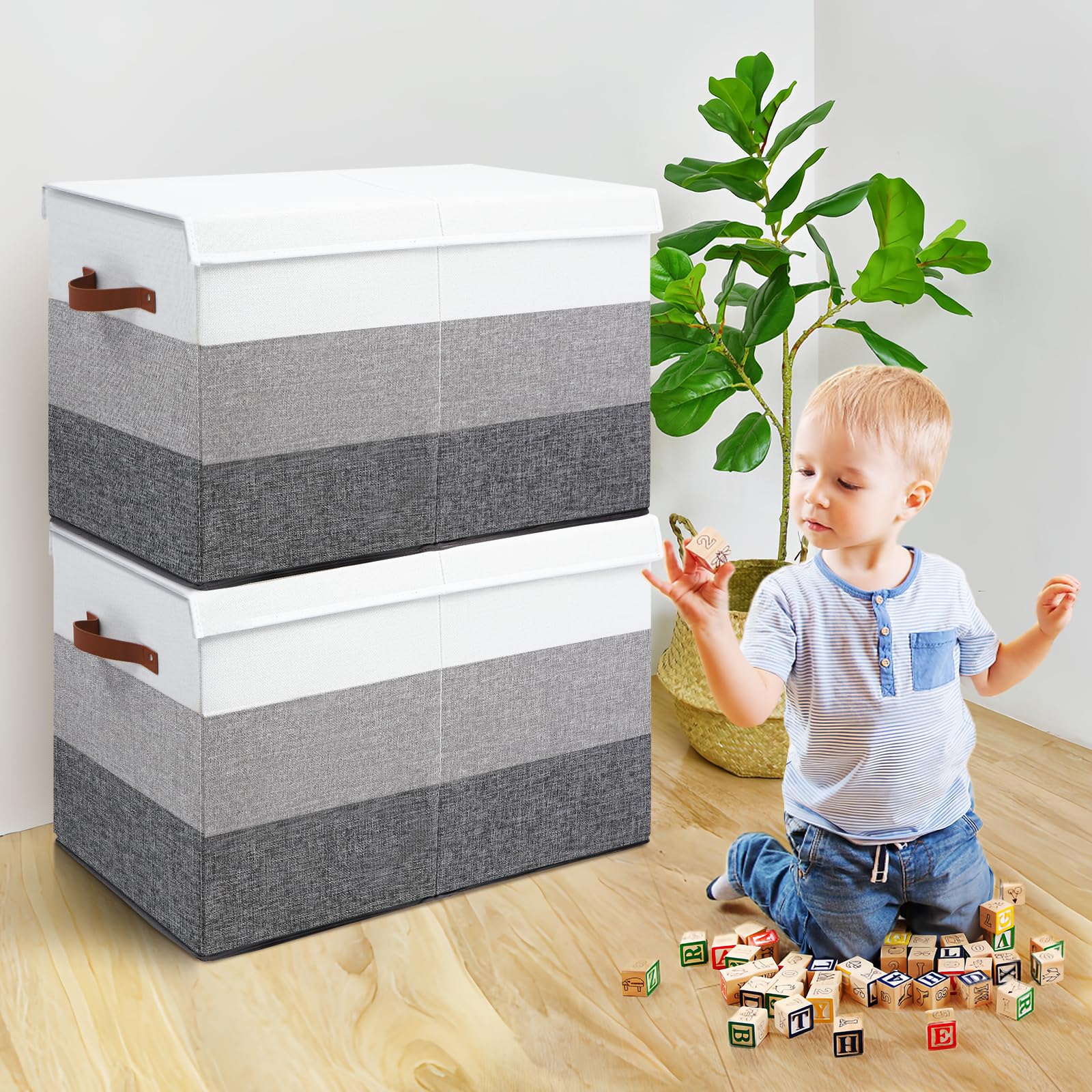 Mayniu Large Toy Box with Divider, Sturdy Toy Storage Chest Organizer Bin Basket with Lid for Kids, Boys, Girls, Nursery, Living Room, Bedroom, Playroom, Closet, 25"x13" x16"(Gradient Grey)