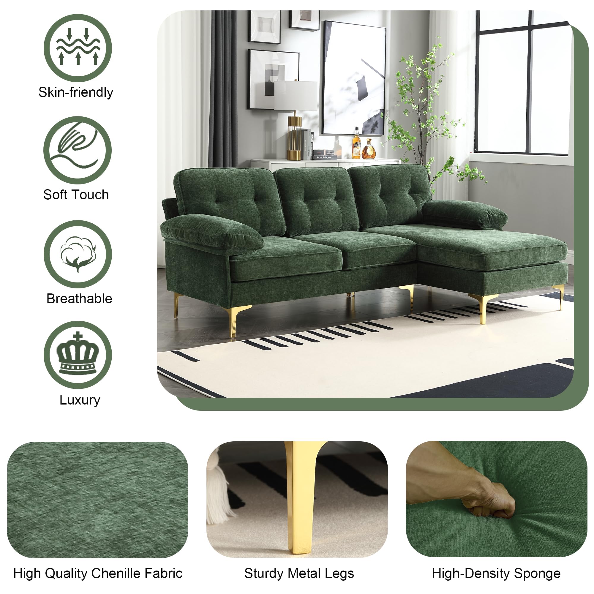 CALABASH 83" L Shaped Sectional Sofa, Chenille 3-Seater Sofa with Reversible Chaise, Modern Soft Cushion Fluffy Armrest Couch for Apartment Small Space Living Room (Green)