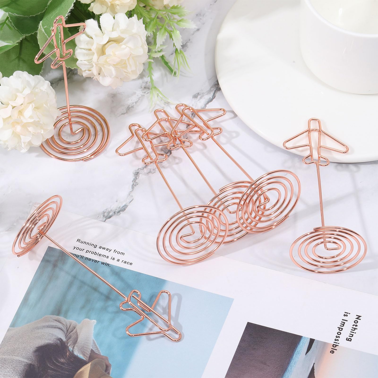 CHGCRAFT 12PCS Table Number Holders Airplane Shape Place Card Holders Metal Name Card Holders Table Number Stands Table Photo Picture Holders for Party Weddings Resturants, Rose Gold