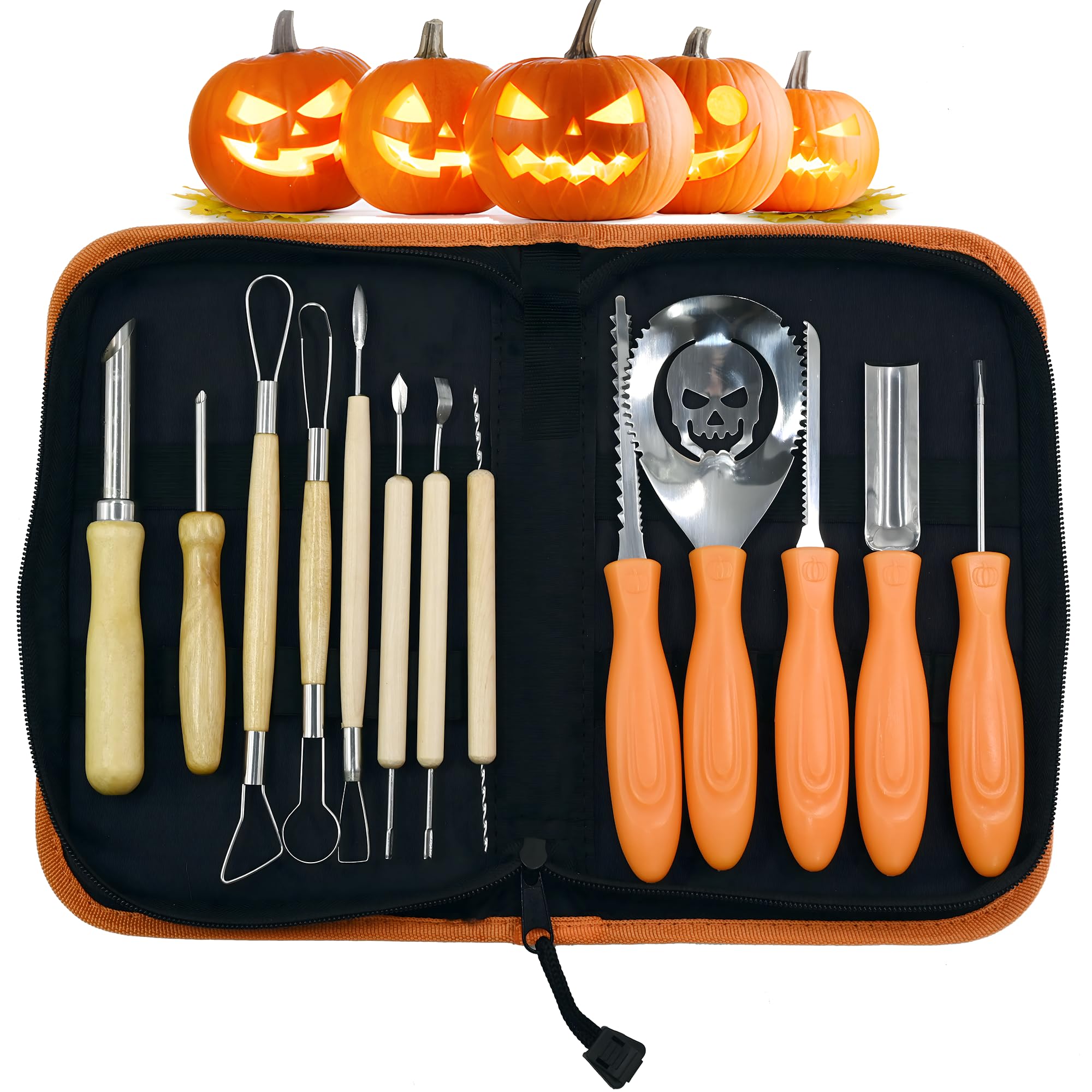 Wchiou Pumpkin Carving Kit Tools Halloween, Professional Heavy Duty Carving Set, Stainless Steel Double-side Sculpting Tool Carving Kit for Halloween Decoration Jack-O-Lanterns, Gift for Halloween.