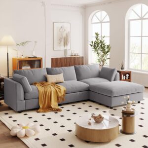 Tmsan 113" Large Sectional Sofa Cloud Couch for Living Room, Modern L Shaped Couch Set with Reversible Chaise, 4 Seater Polyester Fabric Sofa with Convertible Ottoman & 2 Pillows for Apartment Office