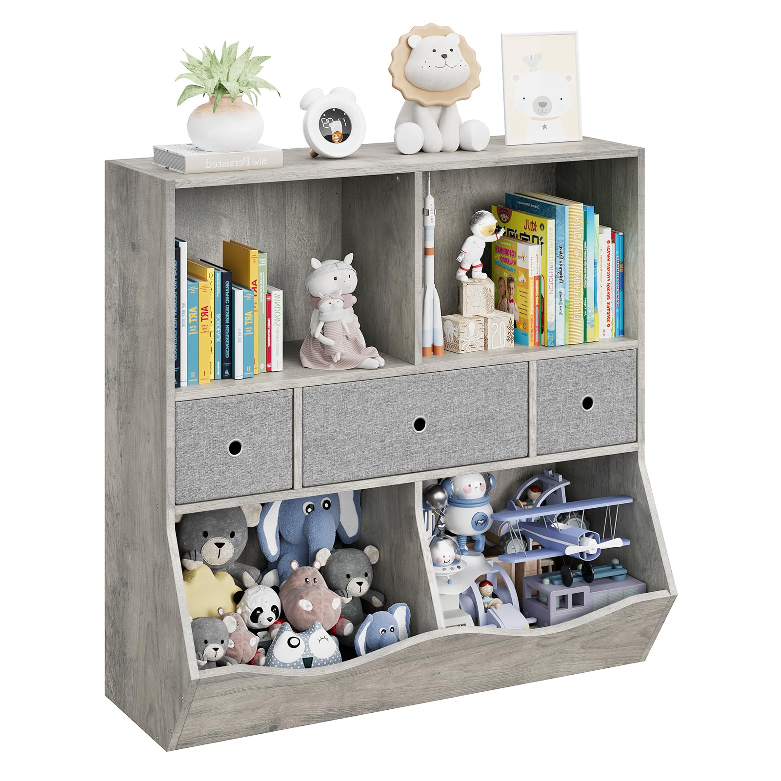 IDEALHOUSE Kids Toy Storage Organizer with 3 Movable Drawers, 3 Tier Children Bookcase and Bookshelf, 7 Cubby Toy Storage Cabinet, Toy Shelf for Playroom, Bedroom, Living Room, Nursery,Grey