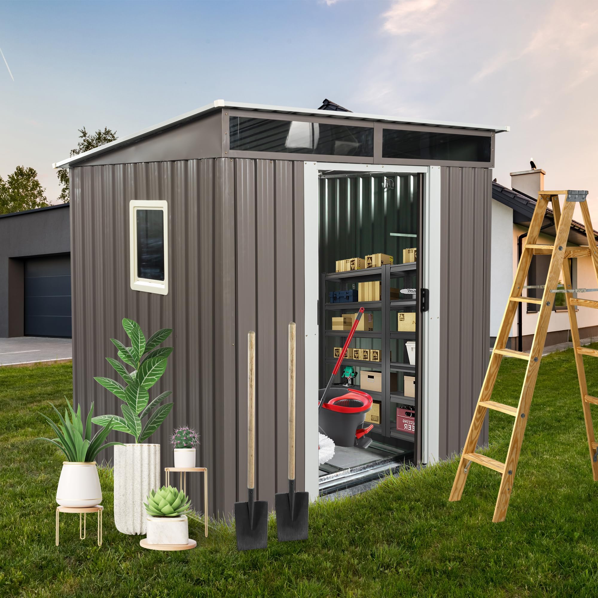 6X5 FT Outdoor Storage Shed, Waterproof Metal Garden Sheds with Lockable Door, Steel Tool Storage Buildings Shed & Outdoor Storage House for Garden, Backyard, Patio, Lawn, Trash Cans(Gray)