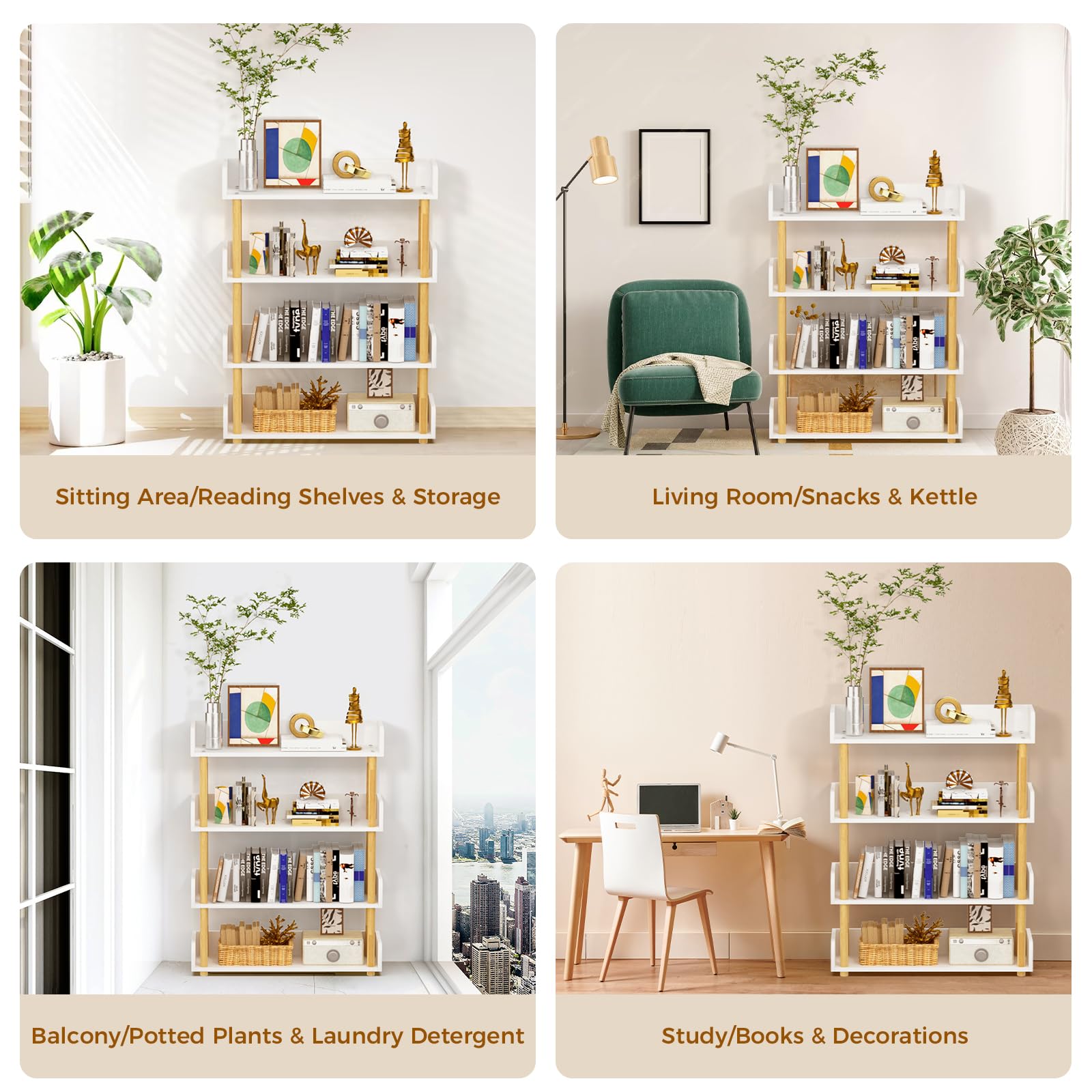 Petpvilit 4-Tier Wooden Bookshelf, Modern Open Bookcase with Top Edge and Solid Wood Frame, Freestanding Bookshelf Storage Organizer for Home Office Living Room