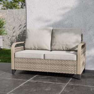 eagle peak wicker outdoor patio sofa modern rattan patio furniture loveseat for backyard deck porch balcony, 2 seat loveseat, brown/gray