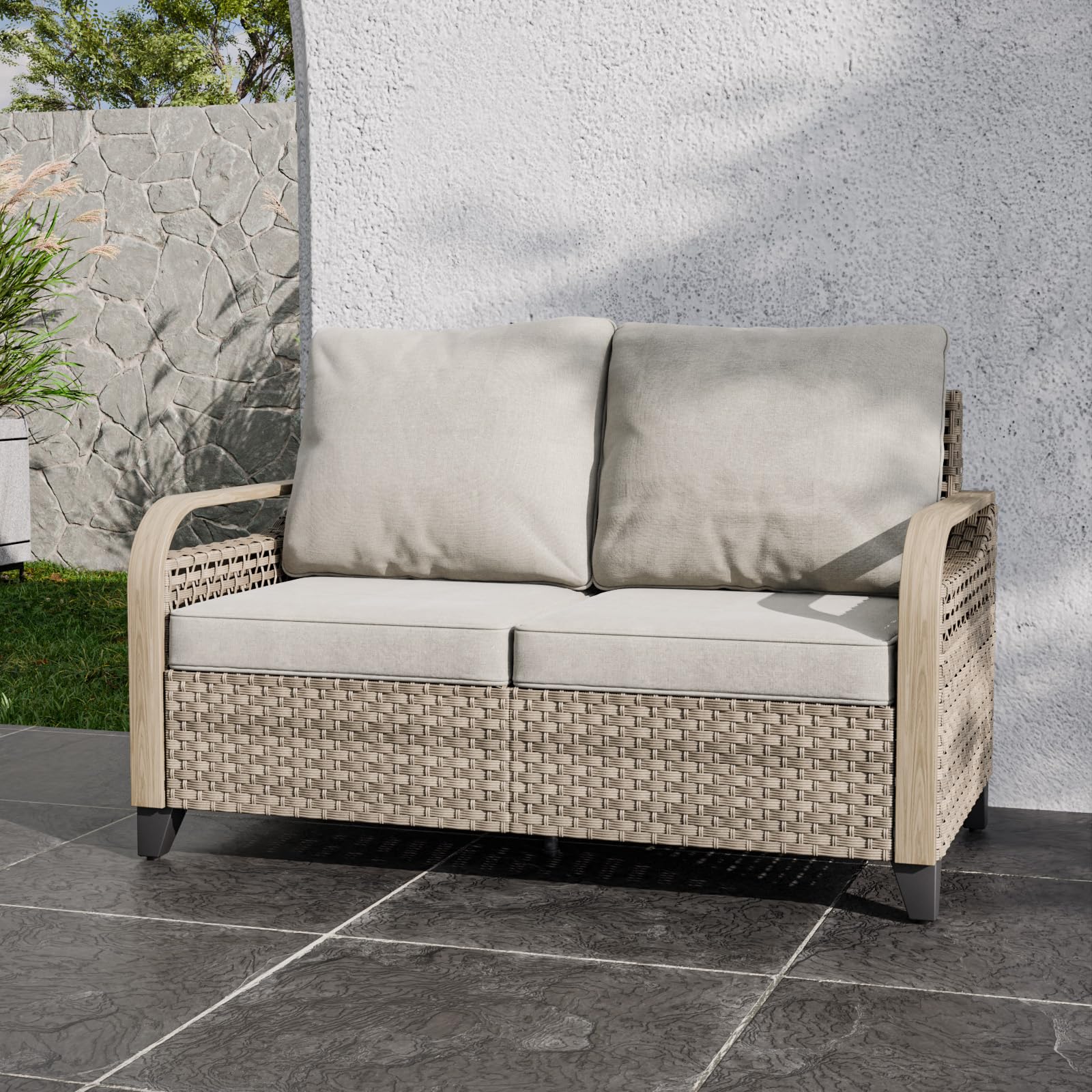 EAGLE PEAK Wicker Outdoor Patio Sofa Modern Rattan Patio Furniture Loveseat for Backyard Deck Porch Balcony, 2 Seat Loveseat, Brown/Gray