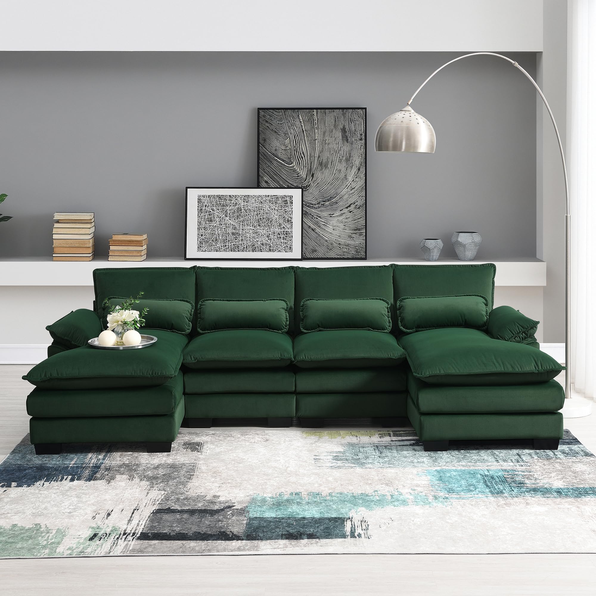 Symmetrical Modular Sectional Sofa with Chaise Lounge, 6 Seater Velvet Upholstered Cloud Couch, U Shaped Oversized Sleeper Sofa&Couches with Thicked Cushion & Detackable Backrest Living Room