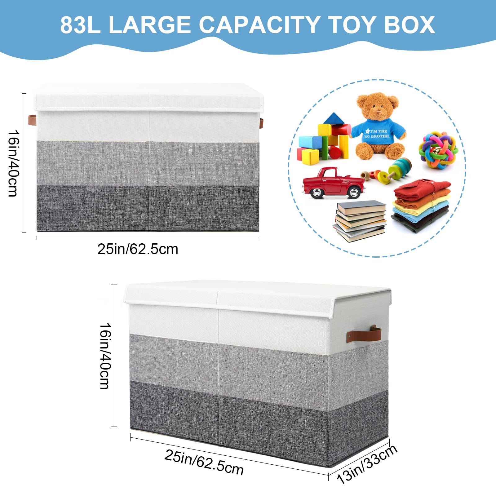 Mayniu Large Toy Box with Divider, Sturdy Toy Storage Chest Organizer Bin Basket with Lid for Kids, Boys, Girls, Nursery, Living Room, Bedroom, Playroom, Closet, 25"x13" x16"(Gradient Grey)