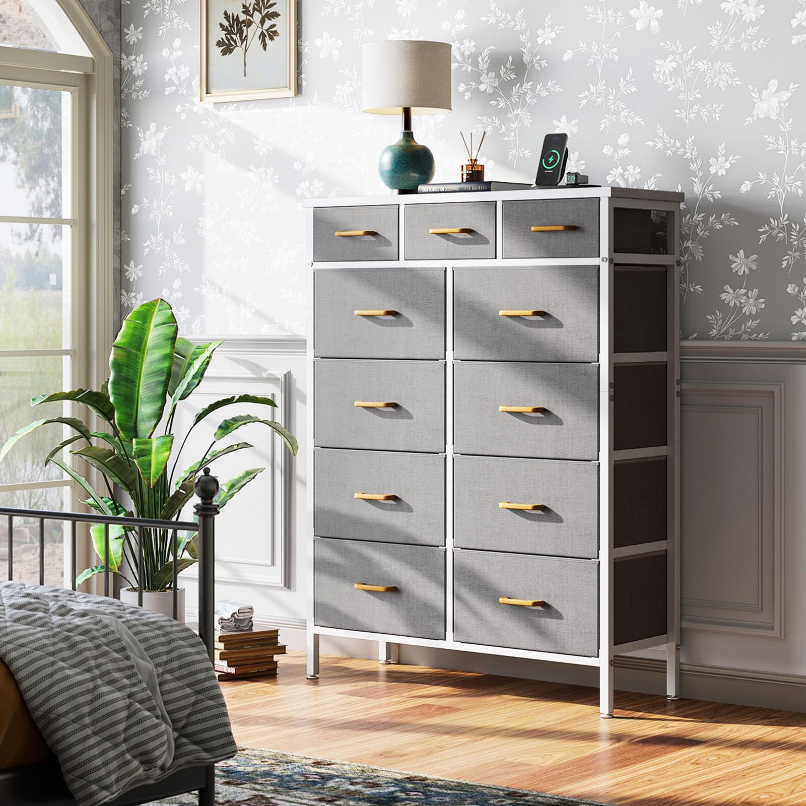 Casaottima Dresser with Charging Station, 52-Inch Tall Dresser for Bedroom, Large Dresser with 11 Storage Drawers, Fabric Chest of Drawers for Living Room, Light Grey