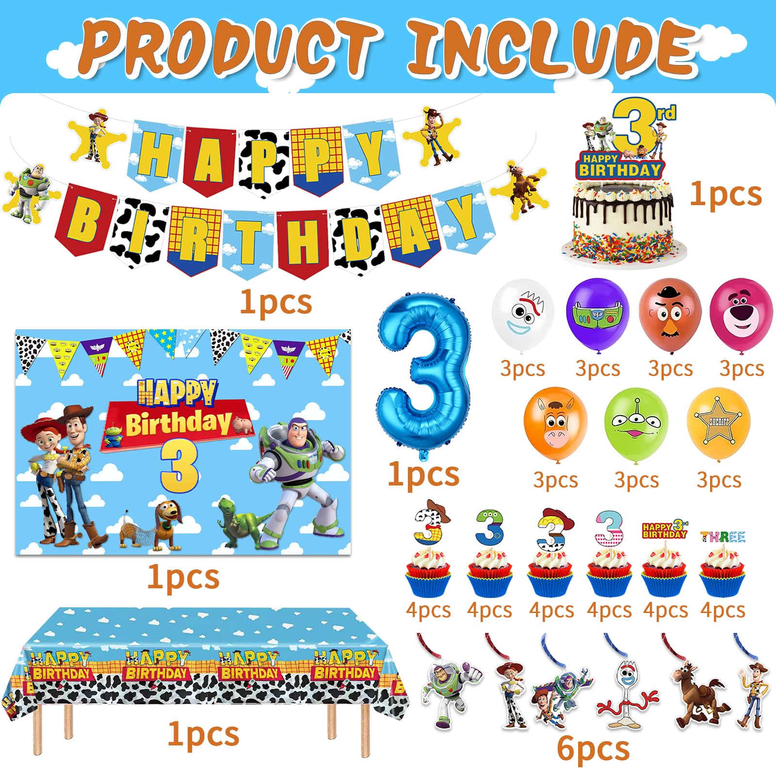 Toy Inspired Story Birthday Decorations For 3 Year Old,Include Happy Birthday Banner,Balloons,Backdrop,Tablecloth Cake Topper For 3rd Birthday Decorations for Boys.