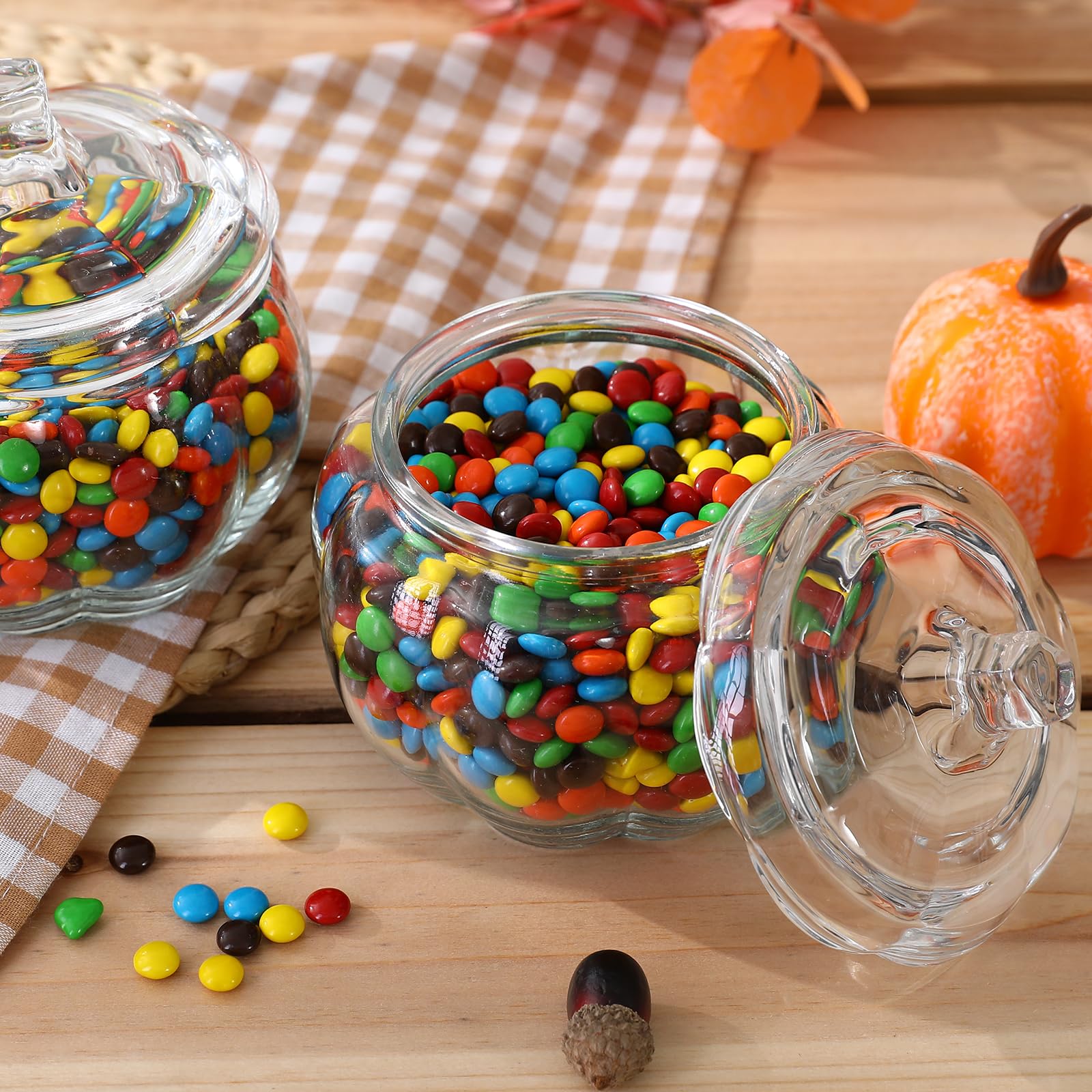 Halloween Decorations-2 PCS Glass Pumpkin Jars with Lid-Halloween Candy Storage for Home Fall Thanksgiving Halloween Party Centerpieces Decor