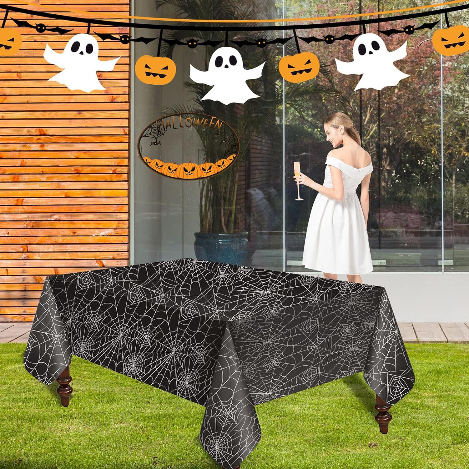 Emopeak Halloween Black Spider Tablecloth 54" x 108", Spider Web Rectangular Decorations Table Cover Spillproof Washable Table Topper Perfect for Halloween Decoration, Dinner Parties