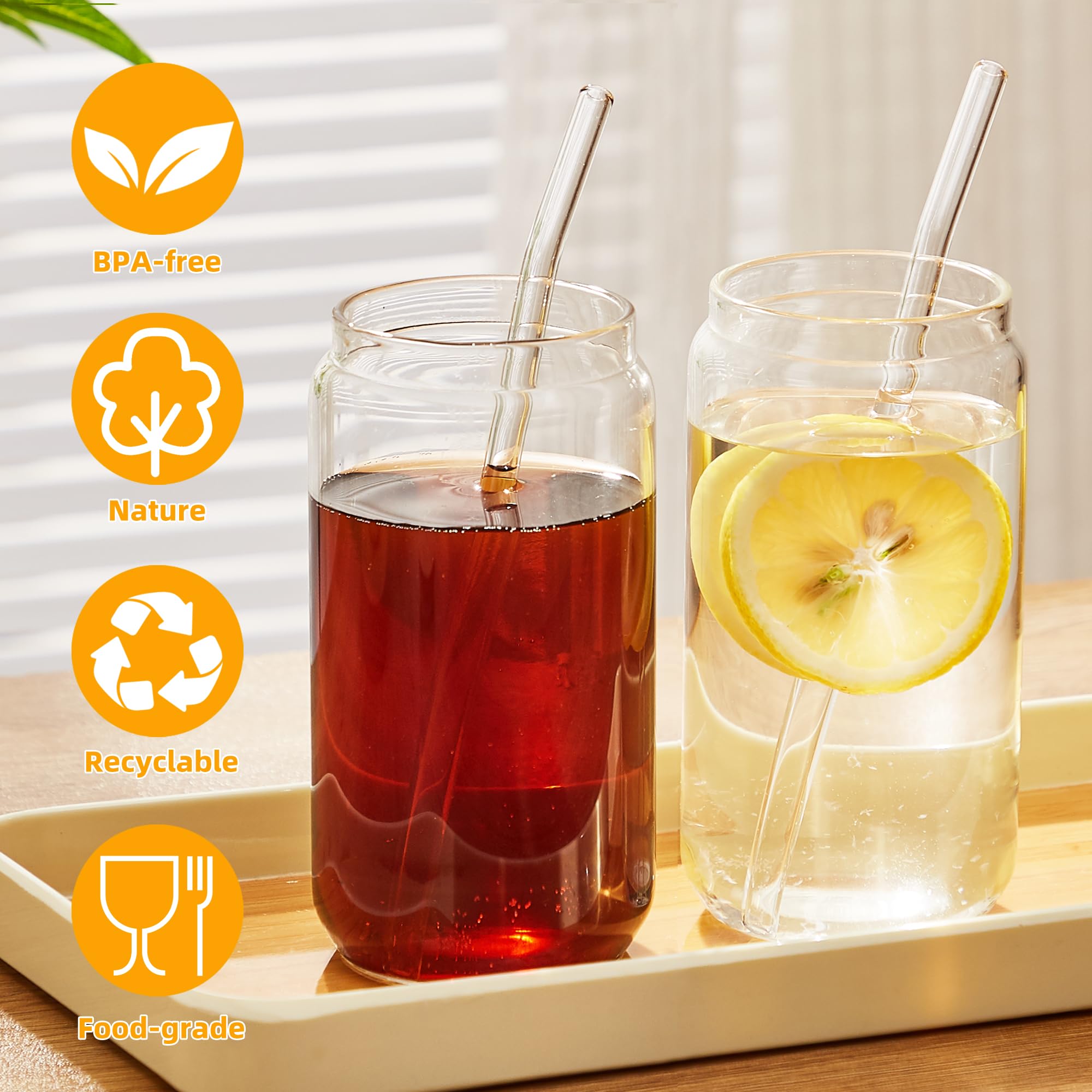 Mzowgzk 6pcs Set-16oz, Glass Cups with Bamboo Lids and Glass Straw - Beer Can Shaped,CuteTumbler Cup,Soda,deal for Cocktail,Iced Coffee Cups,6 Cleaning Brushes glass cups with lids and straws