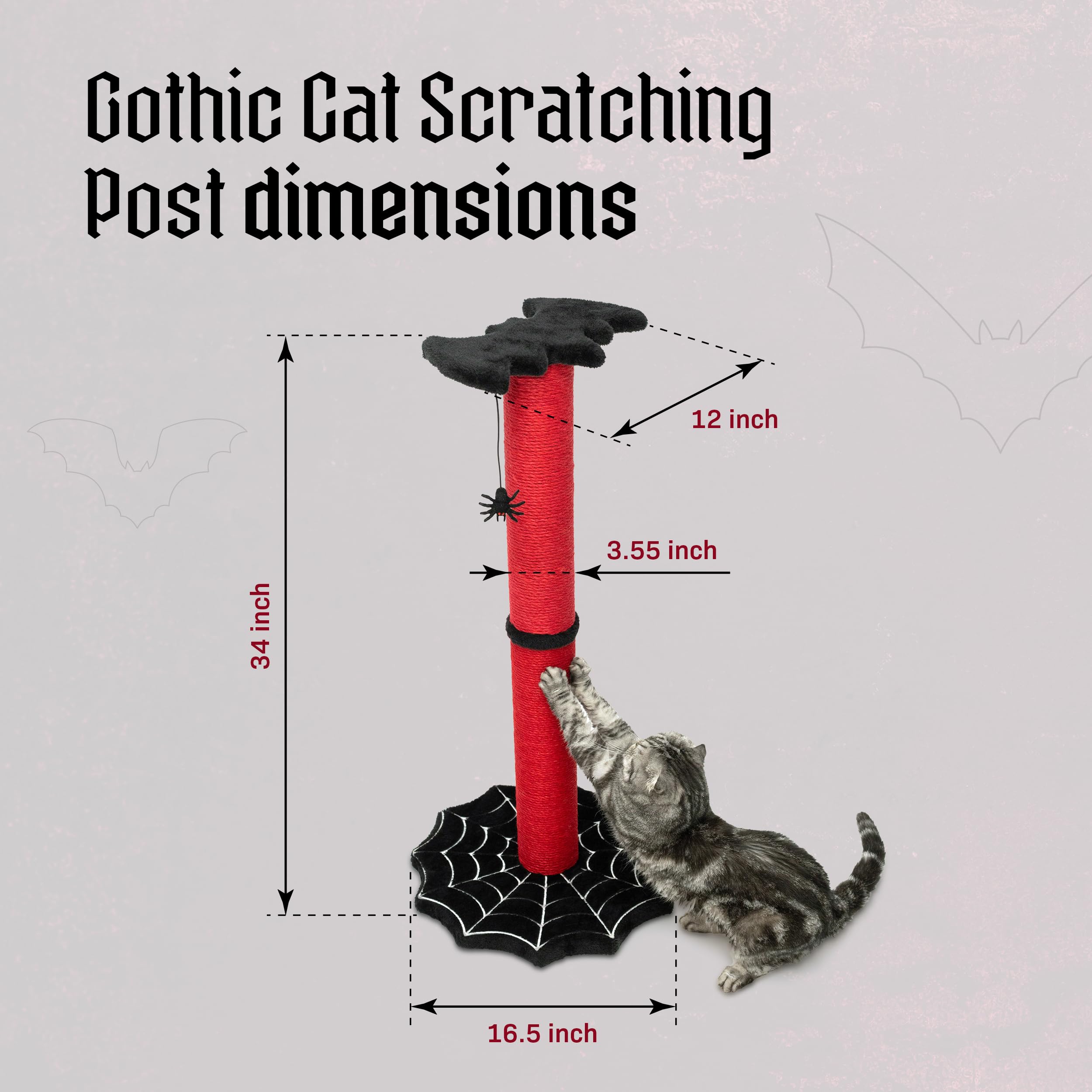 Gothic Cat Scratching Post 34 inch with Sturdy Spider Web Floor Foundation and Bat Shaped Top with Spider Toy, Halloween Cat Scratcher, Cat Tower with Scratching Post, Black and Red Color Littlesy