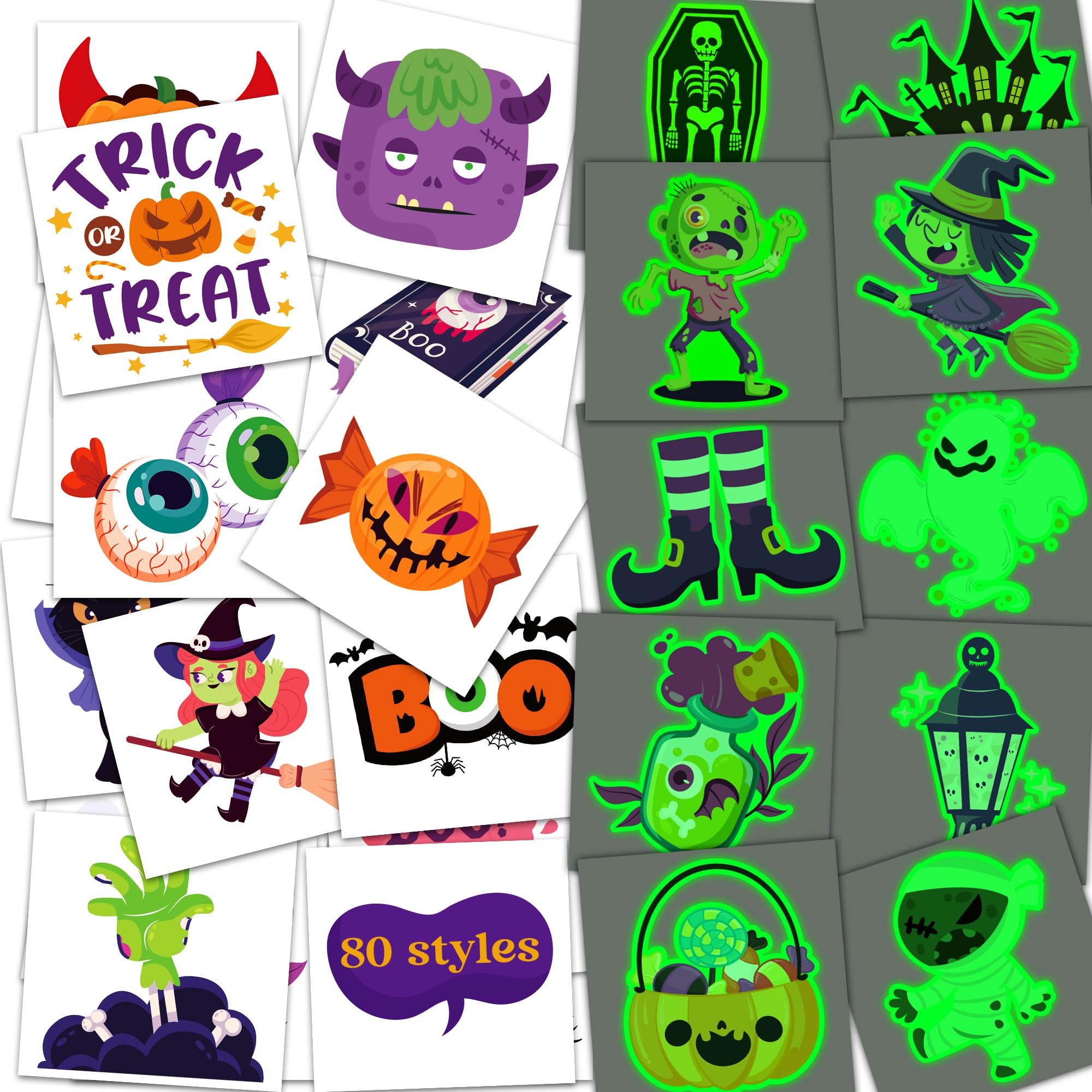 MDDRUIQI Glow Halloween Tattoos for Kids - 80 Styles,2 inch Halloween Party Favors - Halloween Games Treats Toys Bulk - Halloween Gifts Crafts Party Supplies | Goodie Bag Fillers