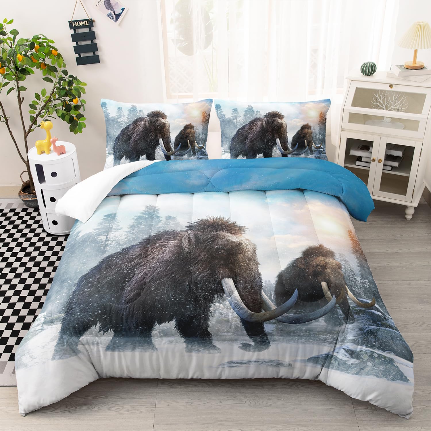 AILONEN 3D Mammoth Comforter Set Queen Size, Wild Animal Theme Bedding Set for Livingroom Decor,Glacial Mammoth Migration Duvet Set for All Ages,1 Quilt and 2 Pillowcases,3-Piece