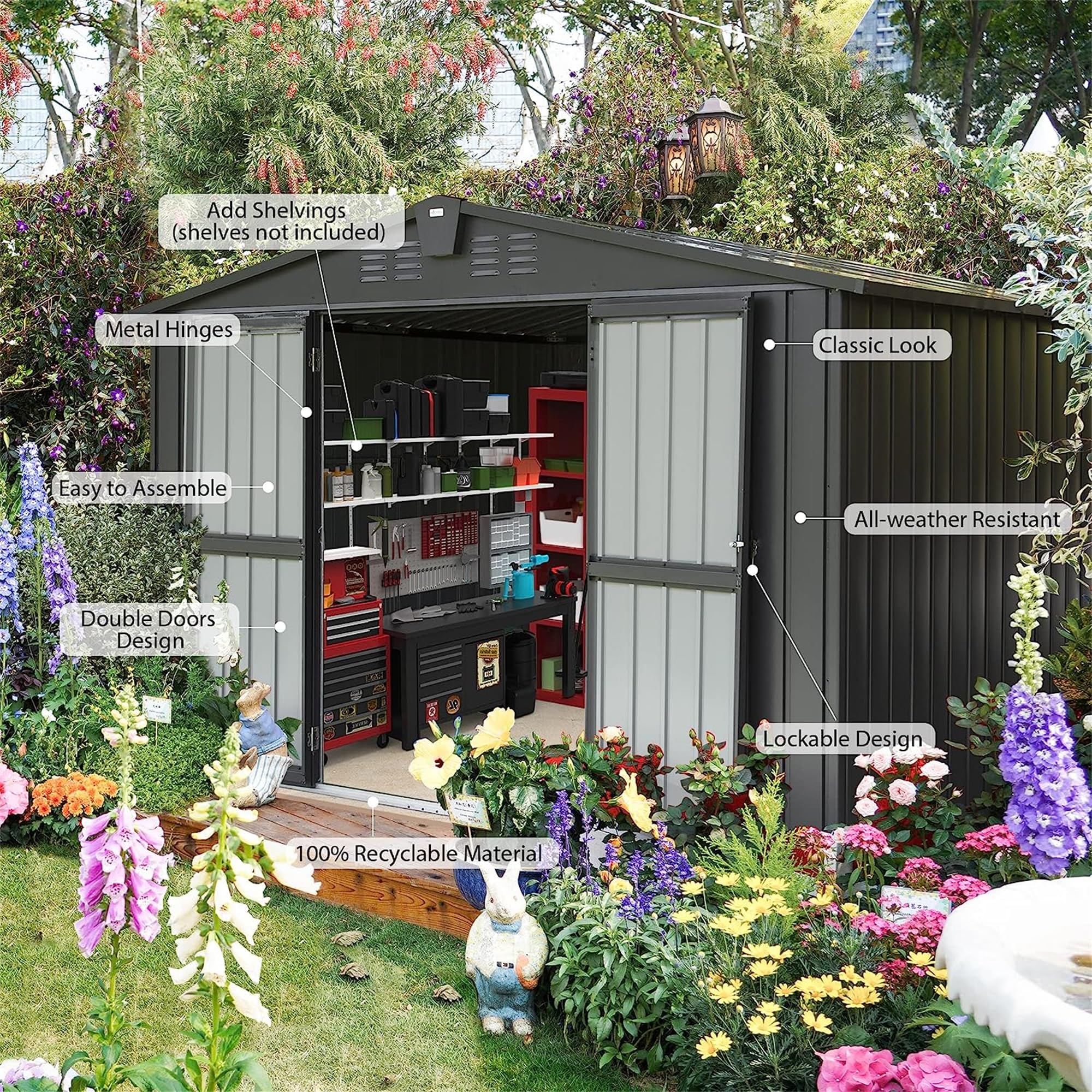 Outdoor Storage Sheds, 10' x 8', Patio Sheds, Garden Storage Cabinets, for Backyard, Terrace, Black