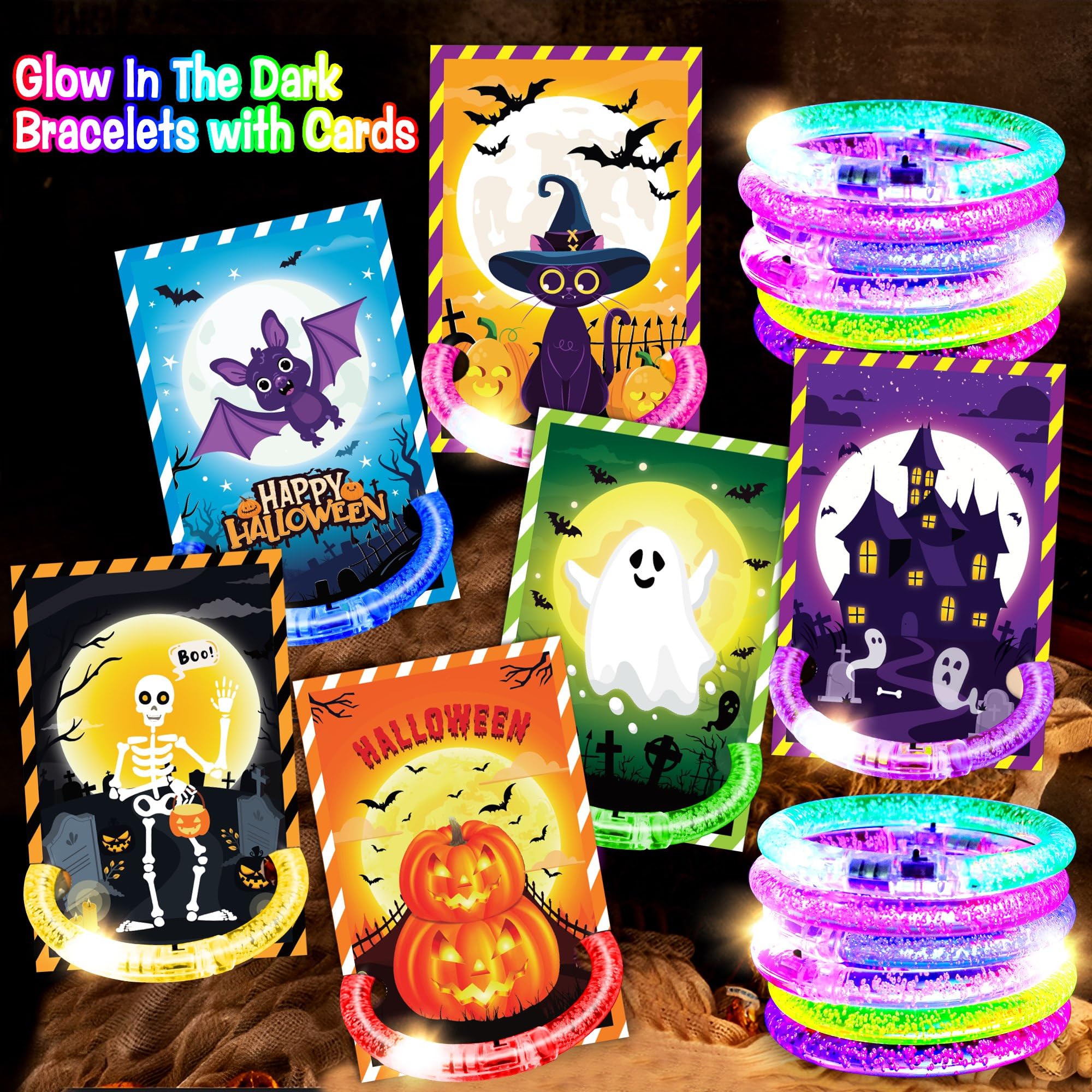 24 Pack Halloween Party Favors Bracelets Glow in the Dark Bracelets, Halloween Treats Party Favors Light Up Bracelet Halloween Glow Sticks Bracelet for Non Candy Treats Halloween Party Supplies