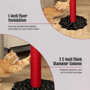 Gothic Cat Scratching Post 34 inch with Sturdy Spider Web Floor Foundation and Bat Shaped Top with Spider Toy, Halloween Cat Scratcher, Cat Tower with Scratching Post, Black and Red Color Littlesy