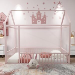 twin size pink floor bed frame with safety fence and door, metal montessori bed toddler floor bed for kids girls boys,twin house floor bed frame with roof, no box spring needed (pink)